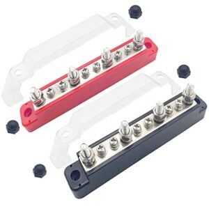 ROYFACC Bus Bar Power Distribution Block 4 x 1/4" Studs 6 x M4 Screw Terminal Block with Cover 150 Amp Rating for Car Boat Marine Caravan RV (Black + Red)