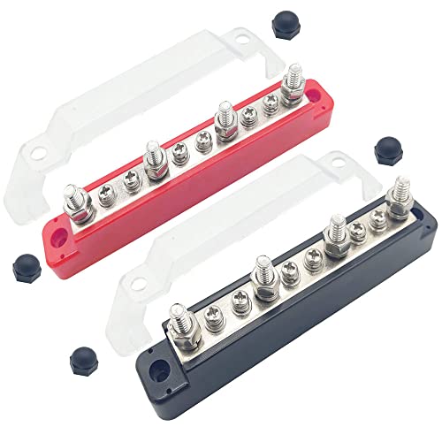 ROYFACC Bus Bar Power Distribution Block 4 x 1/4" Studs 6 x M4 Screw Terminal Block with Cover 150 Amp Rating for Car Boat Marine Caravan RV (Black + Red)