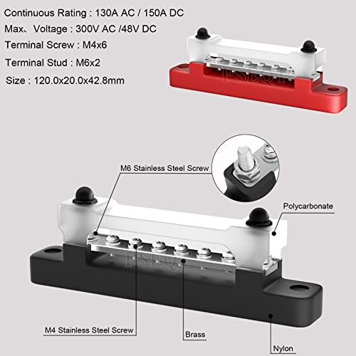 PSEQT 6 Terminal Bus Bar Ground Power Distribution Terminal Block Bus Bar with Cover for Auto Marine Car Pickup Trailer RV Boat - Red & Black 2Pcs