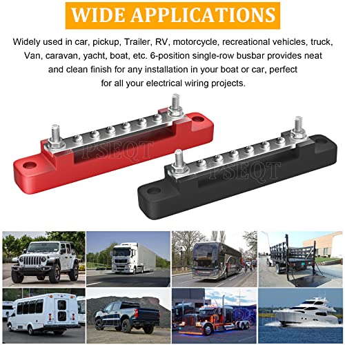 PSEQT 6 Terminal Bus Bar Ground Power Distribution Terminal Block Bus Bar with Cover for Auto Marine Car Pickup Trailer RV Boat - Red & Black 2Pcs