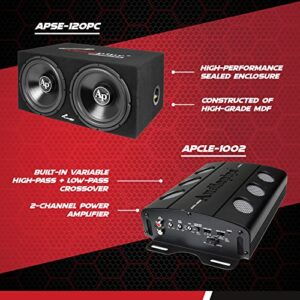 Audiopipe APSB-1299PP Dual 12 Inch Car Audio Subwoofer Speakers and Sealed Enclosure, 2 Channel 500 Watt Amplifier, and Wire Installation Kit