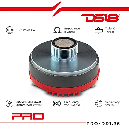 DS18 PRO-DR1.35 1.35” High Temperature Kapton Voice Coil Screw-On Tweeter Compression Driver - 400 Watts Max Power, 200 Watts RMS, 8 OHMS, Titanium Diaphragm, Set of 1