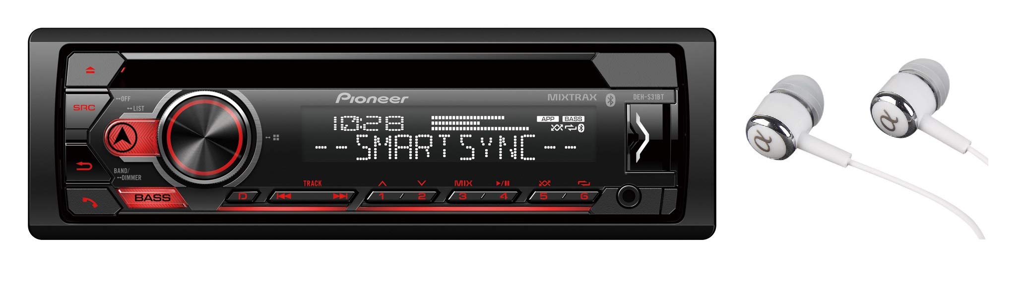 Pioneer DEH-S31BT in Dash CD AM/FM MP3 Bluetooth Audio Streaming , USB , Spotify , Pandora Control , Android Music Support , Smart Sync App Car Stereo Receiver with ALPHASONIK Earbuds