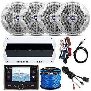 milennia infinity am/fm/wb tuner aux usb bluetooth, 4x 6.5 180w peak dual cone boat stereo speaker (white), 4-channel amplifier w/kit, speaker wire, antenna, usb/aux interface