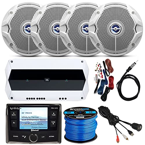 Milennia Infinity AM/FM/WB Tuner AUX USB Bluetooth, 4X 6.5 180W Peak Dual Cone Boat Stereo Speaker (White), 4-Channel Amplifier w/Kit, Speaker Wire, Antenna, USB/AUX Interface