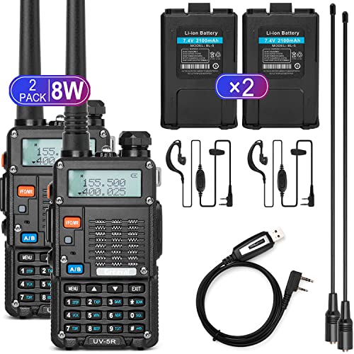 2 Pack Ham Radio Handhaeld 8-Watt (UV-5R 3rd Gen) Dual Band 2-Way Radio with 2 Rechargeable Batteries, Ham Radio Compatible BaoFeng Radio Complete Set with BaoFeng Earpiece and Programming Cable