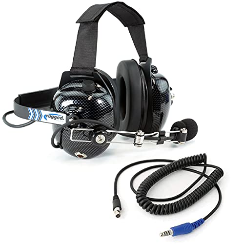 Rugged Carbon Fiber Behind The Head Headset and Adaptor Cable for Intercoms – Features 5-Pin to Off Road Coil Cord and Volume Control Knob 3.5mm Input Jack