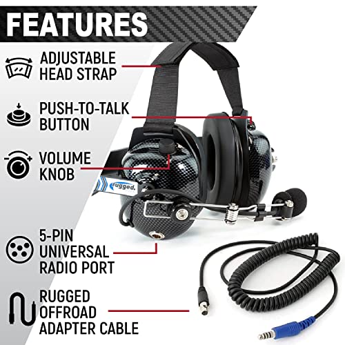 Rugged Carbon Fiber Behind The Head Headset and Adaptor Cable for Intercoms – Features 5-Pin to Off Road Coil Cord and Volume Control Knob 3.5mm Input Jack