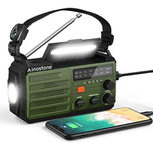 ainostone emergency radio 5000mah portable noaa weather radio am/fm power bank with solar panel hand crank battery powered flashlight reading lamp sos alarm for camping hurricane storm outdoor home