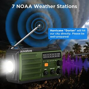 Ainostone Emergency Radio 5000mAh Portable NOAA Weather Radio AM/FM Power Bank with Solar Panel Hand Crank Battery Powered Flashlight Reading Lamp SOS Alarm for Camping Hurricane Storm Outdoor Home