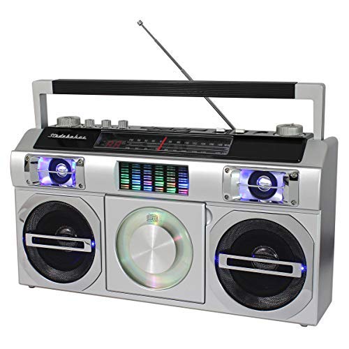 Studebaker SB2149S Master Blaster Bluetooth Boombox with 3 Way Power, AM/FM Radio, USB Port, CD Player with MP3 Playback, LED EQ and 10 Watts RMS Power in Silver