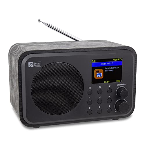 Ocean Digital WR-336F Wi-Fi Internet FM Radio Portable with Rechargeable Battery Bluetooth Receiver 2.4’’Color Display 4 Preset Buttons Stress Relief Relaxation Sleep Aid Wooden Housing Black