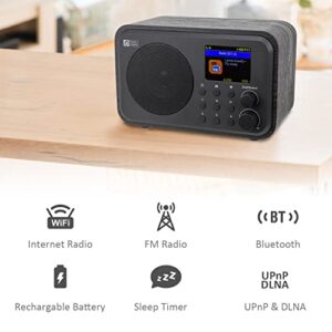 Ocean Digital WR-336F Wi-Fi Internet FM Radio Portable with Rechargeable Battery Bluetooth Receiver 2.4’’Color Display 4 Preset Buttons Stress Relief Relaxation Sleep Aid Wooden Housing Black