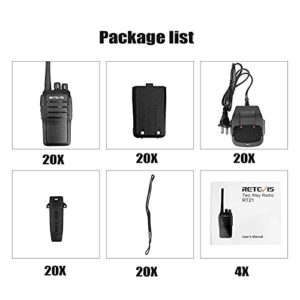 Retevis RT21 Walkie Talkies 20 Pack,Two Way Radio Long Range Rechargeable,Rugged 2 Way Radios,Stable Strong Signal,for Business Education Manufacturing