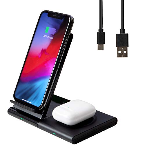 Wireless Charger, Fast Wireless Charging Stand, 2-in-1 Wireless Charging Station Dock for iPhone 14/13/12/11/Pro/Max/X/Xs/XR/AirPods2, Samsung Galaxy Note/Watch/Buds