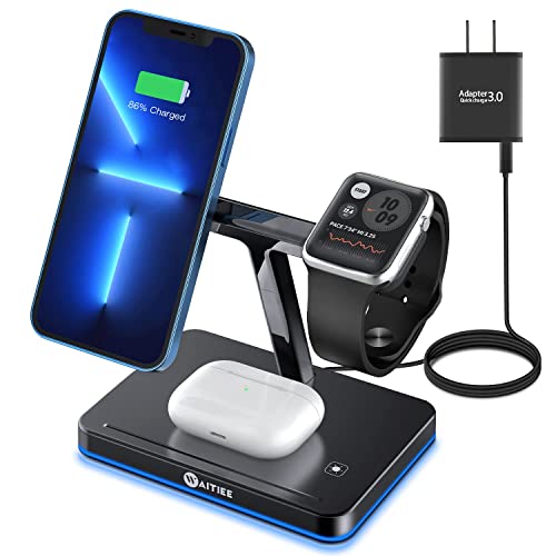 WAITIEE 3 in 1 Magnetic Wireless Charging Station Charger Compatible with iPhone 14/Pro/Plus/Pro Max/13/12,iWatch 6/5,AirPods Pro QC 3.0 Adapter