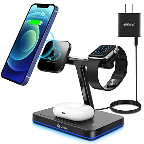 WAITIEE 3 in 1 Magnetic Wireless Charging Station Charger Compatible with iPhone 14/Pro/Plus/Pro Max/13/12,iWatch 6/5,AirPods Pro QC 3.0 Adapter