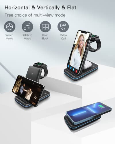 Wireless Charging Station for Multiple Devices Apple - TYCRALI 3 in 1 Wireless Charger Stand Foldable Designed for iPhone 14/13/12/11/Pro/X/XS/XR, AirPods 2/3, iWatch 7/6/5/SE/4/3/2