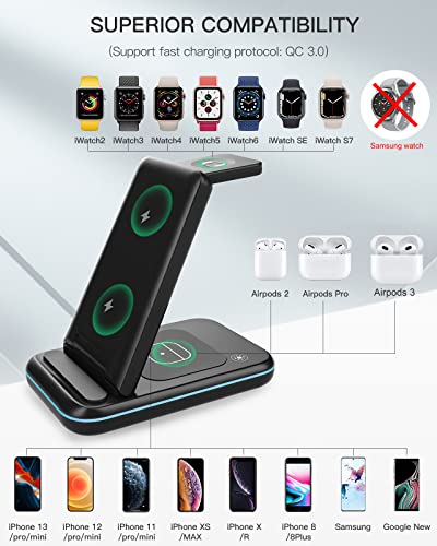 Wireless Charging Station for Multiple Devices Apple - TYCRALI 3 in 1 Wireless Charger Stand Foldable Designed for iPhone 14/13/12/11/Pro/X/XS/XR, AirPods 2/3, iWatch 7/6/5/SE/4/3/2