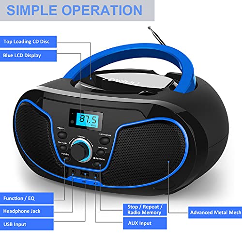 CD Player Boombox, LP-D02 Portable Bluetooth FM Radio Stereo Sound System with Crystal-Clear Sound, MP3 Playback, USB Input, AUX Input, Headphone Jack, LCD Display, AC DC Operated