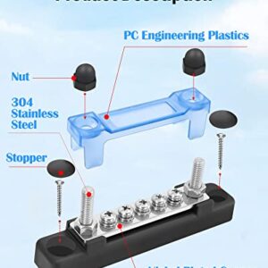 LENKRAD Bus Bar 12V 2 x 10/32” Studs and 5 x 8/32” Screw Terminals, Power Distribution Block with Ring Terminals 100 Amp Rating, 12V - 48V Positive & Negative for Automotive Car Boat Solar System