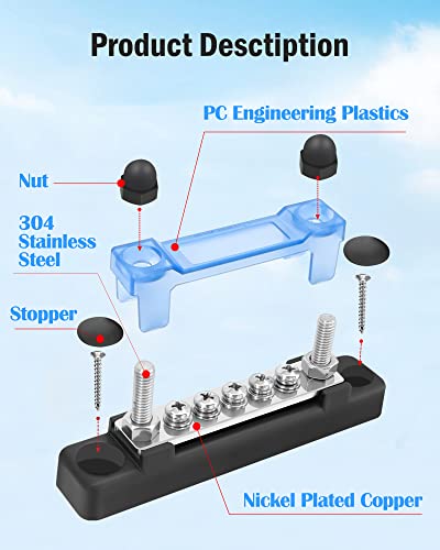 LENKRAD Bus Bar 12V 2 x 10/32” Studs and 5 x 8/32” Screw Terminals, Power Distribution Block with Ring Terminals 100 Amp Rating, 12V - 48V Positive & Negative for Automotive Car Boat Solar System