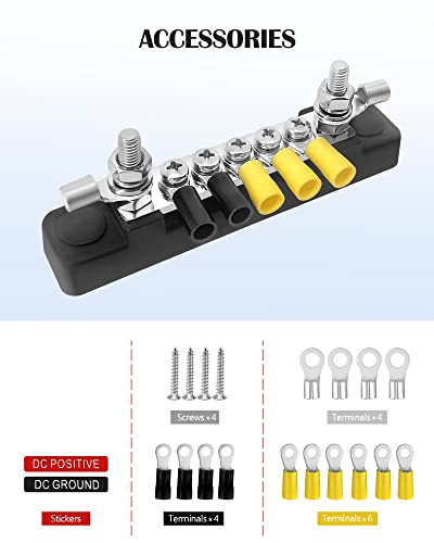 LENKRAD Bus Bar 12V 2 x 10/32” Studs and 5 x 8/32” Screw Terminals, Power Distribution Block with Ring Terminals 100 Amp Rating, 12V - 48V Positive & Negative for Automotive Car Boat Solar System