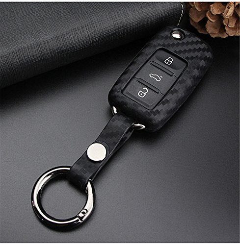 M.JVisun Soft Silicone Rubber With Carbon Fiber Texture Pattern Skin Cover Protector For Volkswagen Fob, Car Keyless Entry Remote Key Fob Case For VW Volkswagen 2 3 Buttons Fob Remote Key - Black