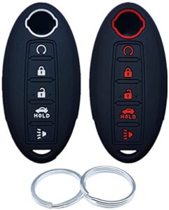 runzuie 2pcs 5 buttons silicone smart remote key fob cover compatible with 2022 2021 2020-2011 nissan armada rogue murano maxima altima pathfinder 285e3-3tp5a kr5s180144014 black/black with red