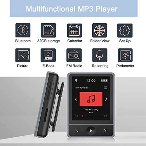 MP3 Player with Bluetooth 5.0, Portable Sport Clip Walkman 32GB MP3 Player with FM Radio Stopwatch Pedometer Voice Recorder for Sport Running Ultralight Wearable Small Music Player