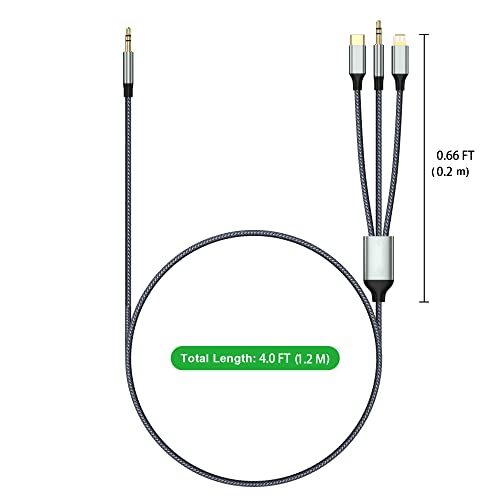 Lightning to 3.5mm Audio Cable, USB C to 3.5mm Aux Jack Cable,3.5mm Nylon Aux Cable( 3-in-1 3.5mm auxiliary jack cable）Compatible with Phone 13/12/11/XR/XS/X/8/7/6 Suitable for cars, speakers, etc