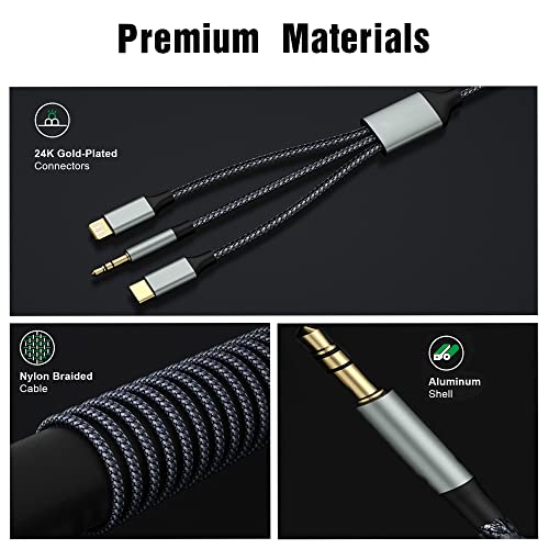 Lightning to 3.5mm Audio Cable, USB C to 3.5mm Aux Jack Cable,3.5mm Nylon Aux Cable( 3-in-1 3.5mm auxiliary jack cable）Compatible with Phone 13/12/11/XR/XS/X/8/7/6 Suitable for cars, speakers, etc