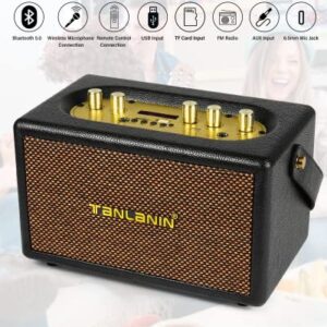 TANLANIN Vintage Bluetooth Speakers Rechargeable Portable Wireless Retro Style Leather Speakers 8H Long Playtime Bluetooth 5.0 Heavy Bass Music Player, TWS/USB/TF Slot/Remote Control/UHF Wireless Mic