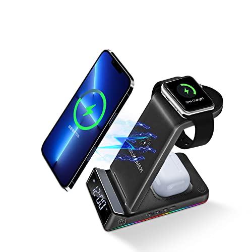 AWUKOMSN 3 in 1 Wireless Charger with Clock and Light,15W Fast Charging Station Compatible with iPhone 14 13 12 11 /Pro Max/X/Xs Max/8/8+, AirPods 2/3/Pro, iWatch 7/6/5/SE/4/3/2 (with Adapter)