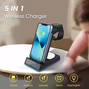 AWUKOMSN 3 in 1 Wireless Charger with Clock and Light,15W Fast Charging Station Compatible with iPhone 14 13 12 11 /Pro Max/X/Xs Max/8/8+, AirPods 2/3/Pro, iWatch 7/6/5/SE/4/3/2 (with Adapter)