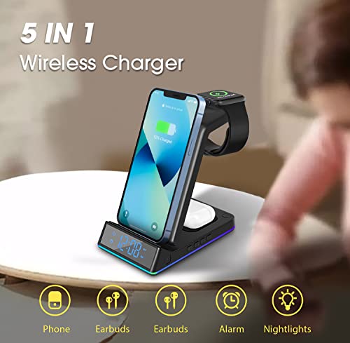 AWUKOMSN 3 in 1 Wireless Charger with Clock and Light,15W Fast Charging Station Compatible with iPhone 14 13 12 11 /Pro Max/X/Xs Max/8/8+, AirPods 2/3/Pro, iWatch 7/6/5/SE/4/3/2 (with Adapter)