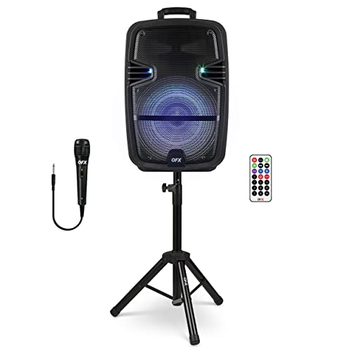 QFX PBX-616SM 15" Bluetooth Rechargeable Speaker with LED Lights, Mic and Stand