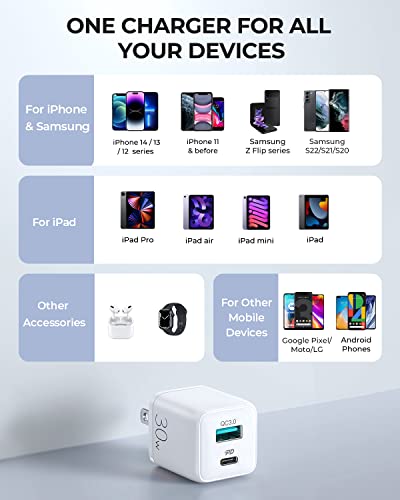 USB C Charger, 30W Mini 2-Port Fast Charger Block [PD&QC 3.0&PPS 25W] GaN+ Wall Charger Adapter Super Fast Charging for iPhone 14/14 Pro/13/12/X/XS/SE/Galaxy S22/Note 20/10+/iPad Pro/Pixel 6