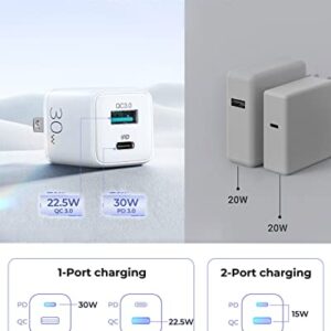 USB C Charger, 30W Mini 2-Port Fast Charger Block [PD&QC 3.0&PPS 25W] GaN+ Wall Charger Adapter Super Fast Charging for iPhone 14/14 Pro/13/12/X/XS/SE/Galaxy S22/Note 20/10+/iPad Pro/Pixel 6