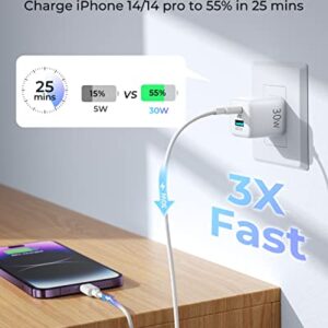 USB C Charger, 30W Mini 2-Port Fast Charger Block [PD&QC 3.0&PPS 25W] GaN+ Wall Charger Adapter Super Fast Charging for iPhone 14/14 Pro/13/12/X/XS/SE/Galaxy S22/Note 20/10+/iPad Pro/Pixel 6