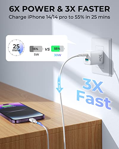 USB C Charger, 30W Mini 2-Port Fast Charger Block [PD&QC 3.0&PPS 25W] GaN+ Wall Charger Adapter Super Fast Charging for iPhone 14/14 Pro/13/12/X/XS/SE/Galaxy S22/Note 20/10+/iPad Pro/Pixel 6