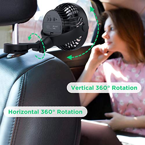 LEMOISTAR Car Fan, USB Powered Car Circulator Fan with Multi-Directional Hook, 4 Speed, 360° Rotatable Personal Cooling Vehicle Fan for Car, Rear and Back Seat Passenger Pet