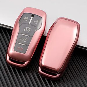 Royalfox(TM) 4 5 Buttons TPU keyless Entry Remote Key Fob case Cover for Ford Mustang F150 F450 Explorer Taurus Fusion Edge Lincoln MKZ MKC MKX Key Strap (Rose Gold)