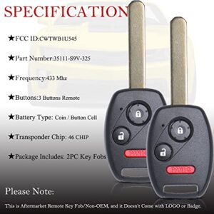 Key Fob Remote Replacement Fits for Honda Pilot 2005 2006 2007 2008 CWTWB1U545 Keyless Entry Remote Control 35111-S9V-325(Pack of 2)