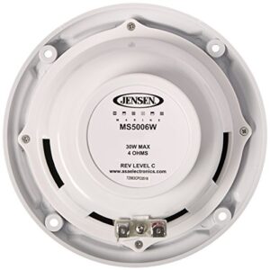 Jensen MS5006WR Dual Cone Waterproof 5.25" Speaker, White, 30 Watts Max Power Handling, Sensitivity 86dB, Frequency Response 79Hz-20kHz, Nominal Impedance 4 Ohms, 1.5" Mounting Depth, Sold In Pairs