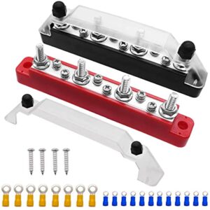 seamaka (red+black) power distribution terminal block with cover with 4 x 1/4”(m6) post,6 x m4 terminal screws,battery bus bar with ring terminals for car boat marine o-038-10-c-n