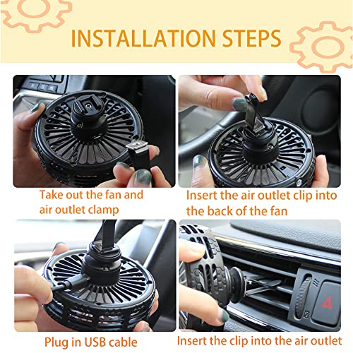 DEGEOBERLIN Car Fan USB Powered Fans Cooling Air Fan With Coloured Light Clip 360°Adjustable Vehicle Fan Portable Fan for Car Truck SUV RV Auto (Black)