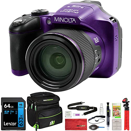 Minolta MN67Z-BK 20MP / 1080p HD Bridge Digital Camera with 67x Optical Zoom Bundle with Lexar Professional 633x 64GB UHS-1 Class 10 SDXC Memory Card and Deco Gear Camera Bag for DSLR (Purple)