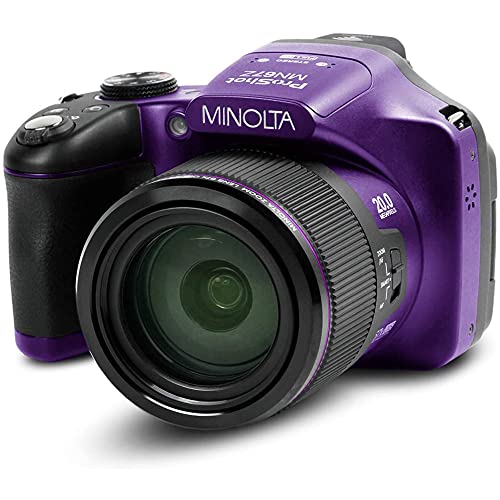 Minolta MN67Z-BK 20MP / 1080p HD Bridge Digital Camera with 67x Optical Zoom Bundle with Lexar Professional 633x 64GB UHS-1 Class 10 SDXC Memory Card and Deco Gear Camera Bag for DSLR (Purple)