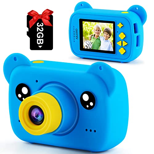 AILEHO Kids Camera for Boys Bear Cartoon Blue Child Video Camera Christmas Toy Birthday Gifts for 3-8 Year Old Starter Toddler Camera 8M 1080P with 32G Card LCD Screen 2.0"